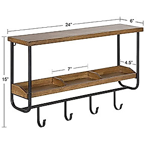 Kate and Laurel Oddell Farmhouse Wall Shelf with Hooks, 24 x 6 x 15, Rustic Brown, Modern Decorative Two-Tier Shelf