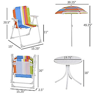 Outsunny Kids Folding Table and Chairs Set Color Stripes for Outdoor Garden Patio Backyard with Removable & Height Adjustable Sun Umbrella, Multi