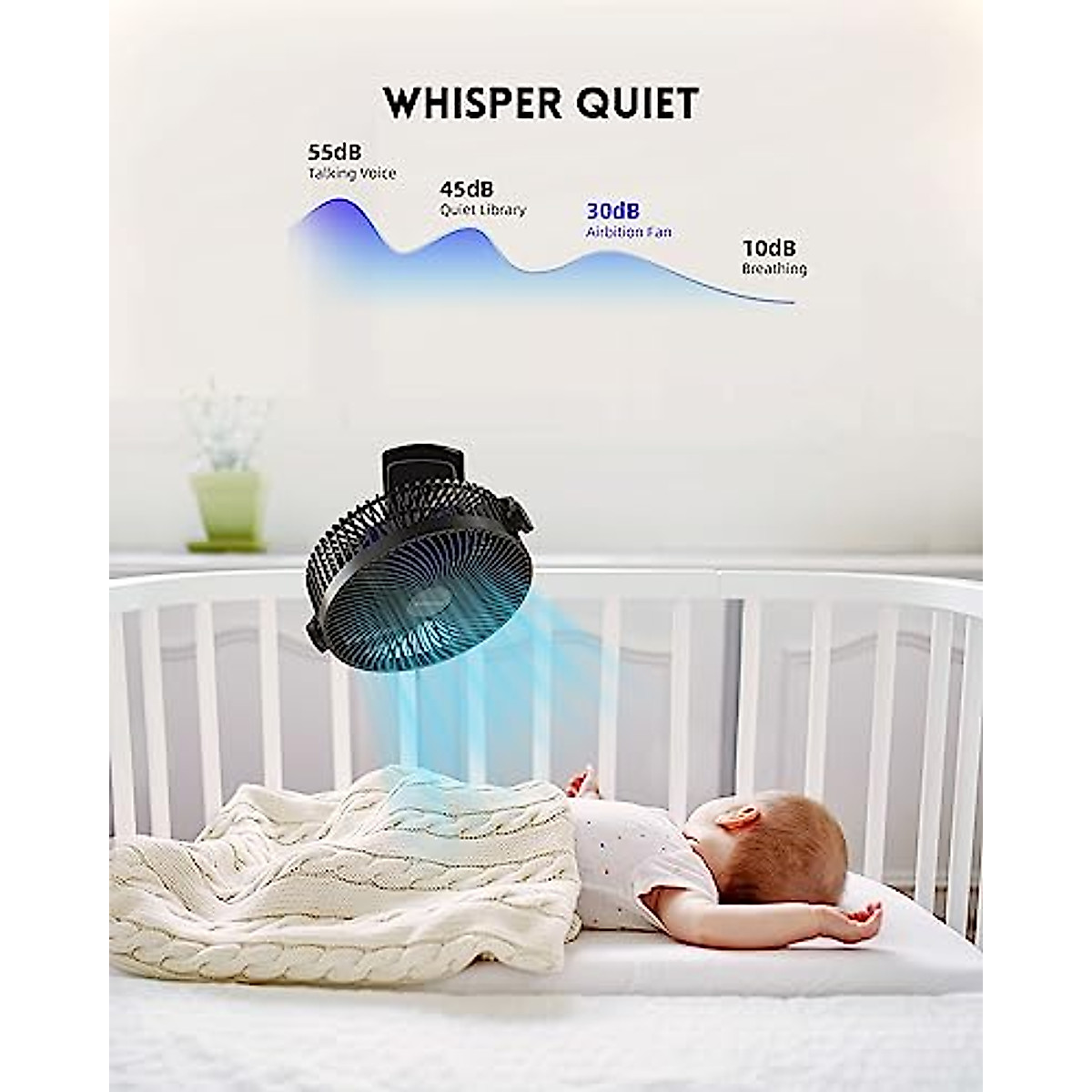 Airbition 10000mAh 8-Inch Clip on Fan Rechargeable, Battery Operated Powered USB Clamp Fan Portable for Golf Cart RV Car Travel Camping Tent Workout Treadmill Personal Bed Desk