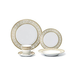 Euro Porcelain 57-pc Banquet Dinnerware Set Gold Greek Key - Luxury Tableware Dining Service for 8