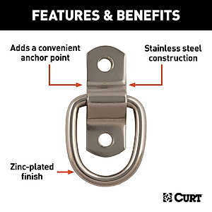 CURT 83732 1 x 1-1/4-Inch Surface-Mounted Stainless Steel Trailer D-Ring Tie Down Anchor, 1,200 lbs Capacity