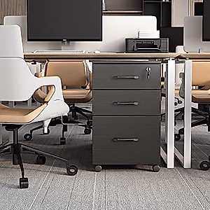 YQ JENMW File Cabinet 3 Drawers with 1 Lock, Wooden Rolling Mobile Filing Cabinet, Under Desk File Cabinet with Wheels, Removable File Cabinet for Home Office,Office Storage Cabinet Under Desk,Black