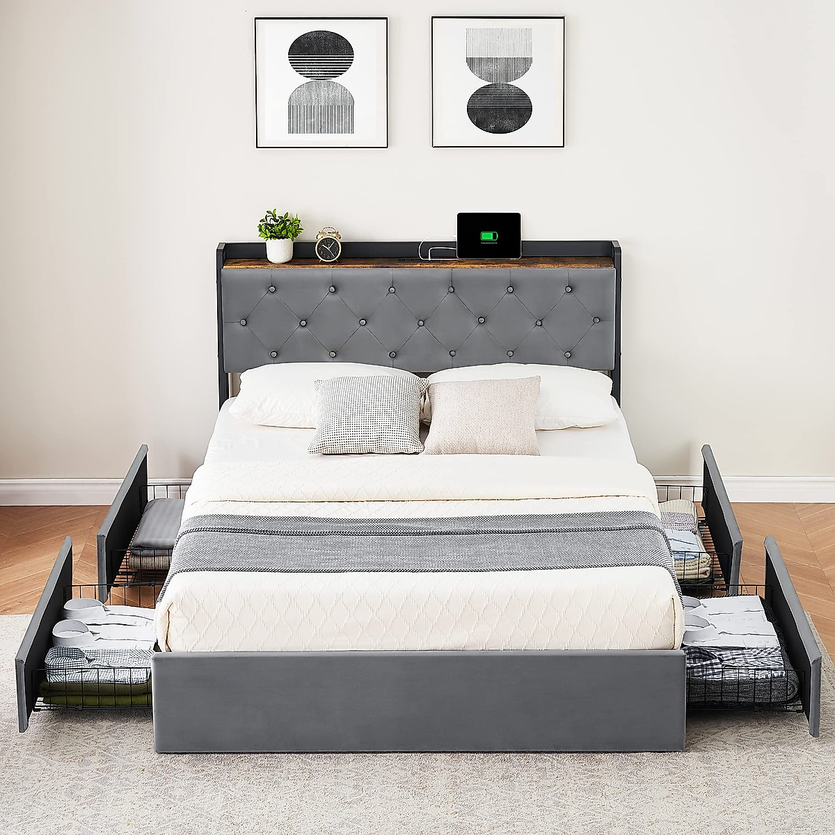 Amyove Queen Bed Frame with 4 Storage Drawers and Charging Station, Grey Queen Upholstered Bed Frame with Storage Headboard, No Box Spring Needed, Noise-Free Easy Assembly (Queen)