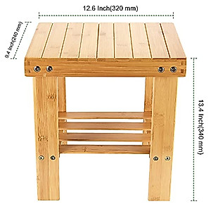 PINGEUI 2 Packs 13 Inches Bamboo Step Stool, Non-Slip Bamboo Small Seat Stool, Durable Bamboo Footrest Bench with Storage Shelf for Bathroom, Bedroom, Kitchen