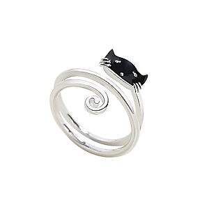 Cute Cat Open Statement Ring 925 Sterling Silver Adjustable Simple Lovely Animal Pet Wrap Stacking Engagement Wedding Finger Rings Dainty Jewelry Gifts for Women Girls Teen Birthday Xmas Daughter Girlfriend