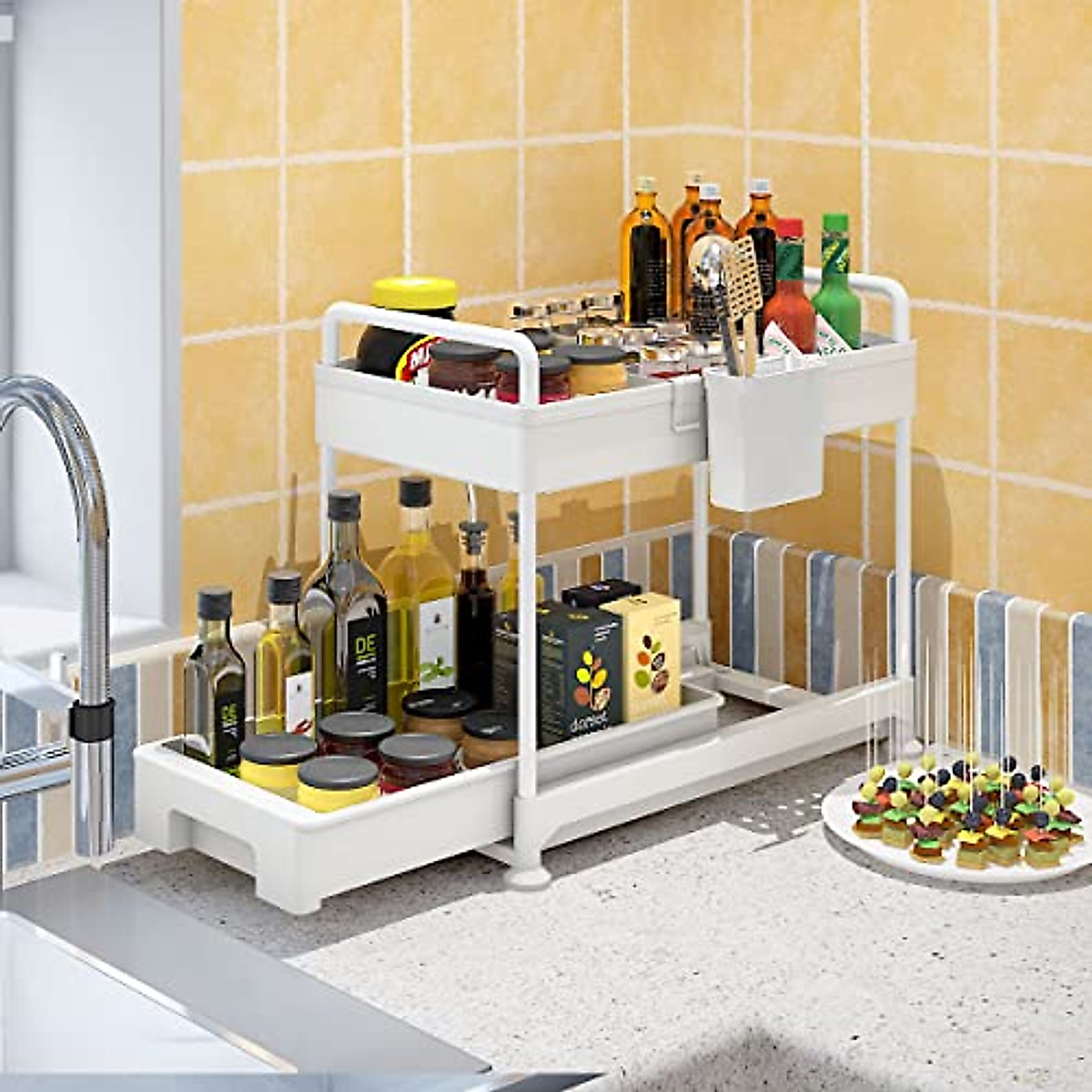 2 Pack Under Sink Organizer- Stackable 2 Tier Bathroom Storage Organizers and Storage with Hanging Cup and Hooks, White Under Sink Shelf Rack for Bathroom Kitchen Countertop Office Cabinets,White