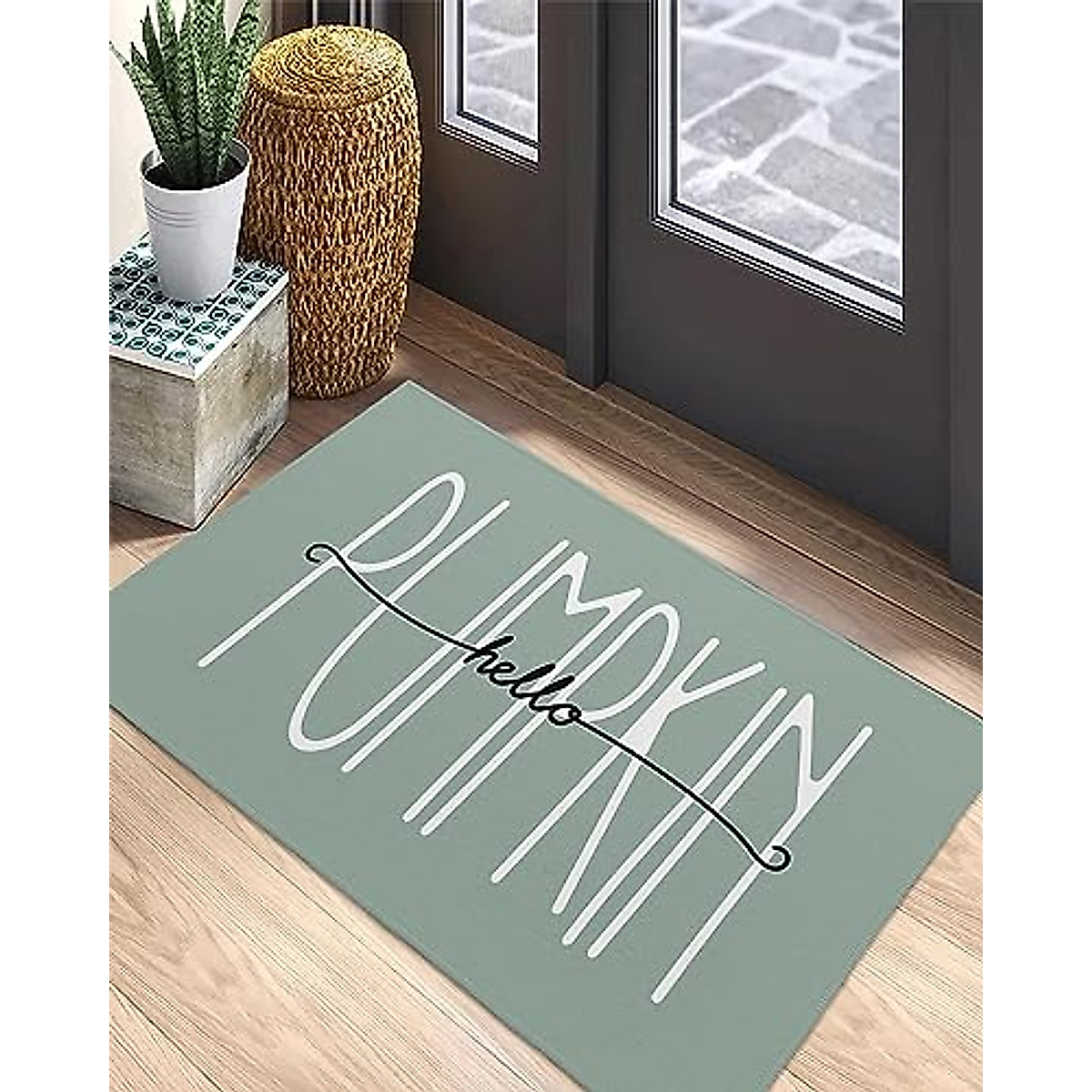 Hello Pumpkin Door Mat 24x36inch, Non-Slip Absorbent Non Skid Entrance Mat, Washable Low-Profile Inside Outside Floor Mat Doormats for Entryway Patio, Fall Thanksgiving Green Background