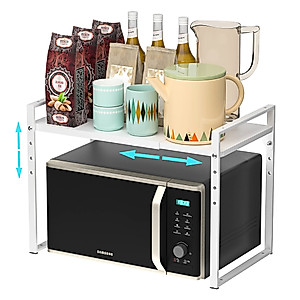 iPEGTOP Extendable Microwave Oven Rack, Adjustable Height Microwave/Toaster Shelf Heavy Duty Metal Pantry Shelf Space Riser Stand Organizer for Kitchen Counter Top Organization, White