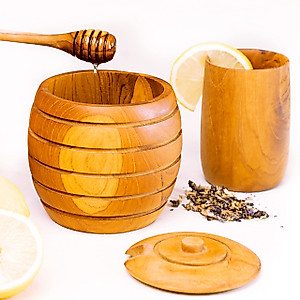 Rainforest Bowls Javanese Teak Wood Honey Jar w/Dipper Set- Ideal for Storing Honey, Jam & Syrups- Ultra-Durable- Premium Wooden Honey Jar Handcrafted by Indonesian Artisans