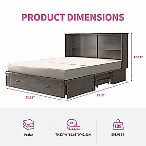 Mixoy Queen Size Murphy Cube Bed,Queen Murphy Cube Cabinet Chest Bed with 3 Level Folding Memory Foam Mattress & USB Charging Station& Large Drawers (Grey,Poplar)