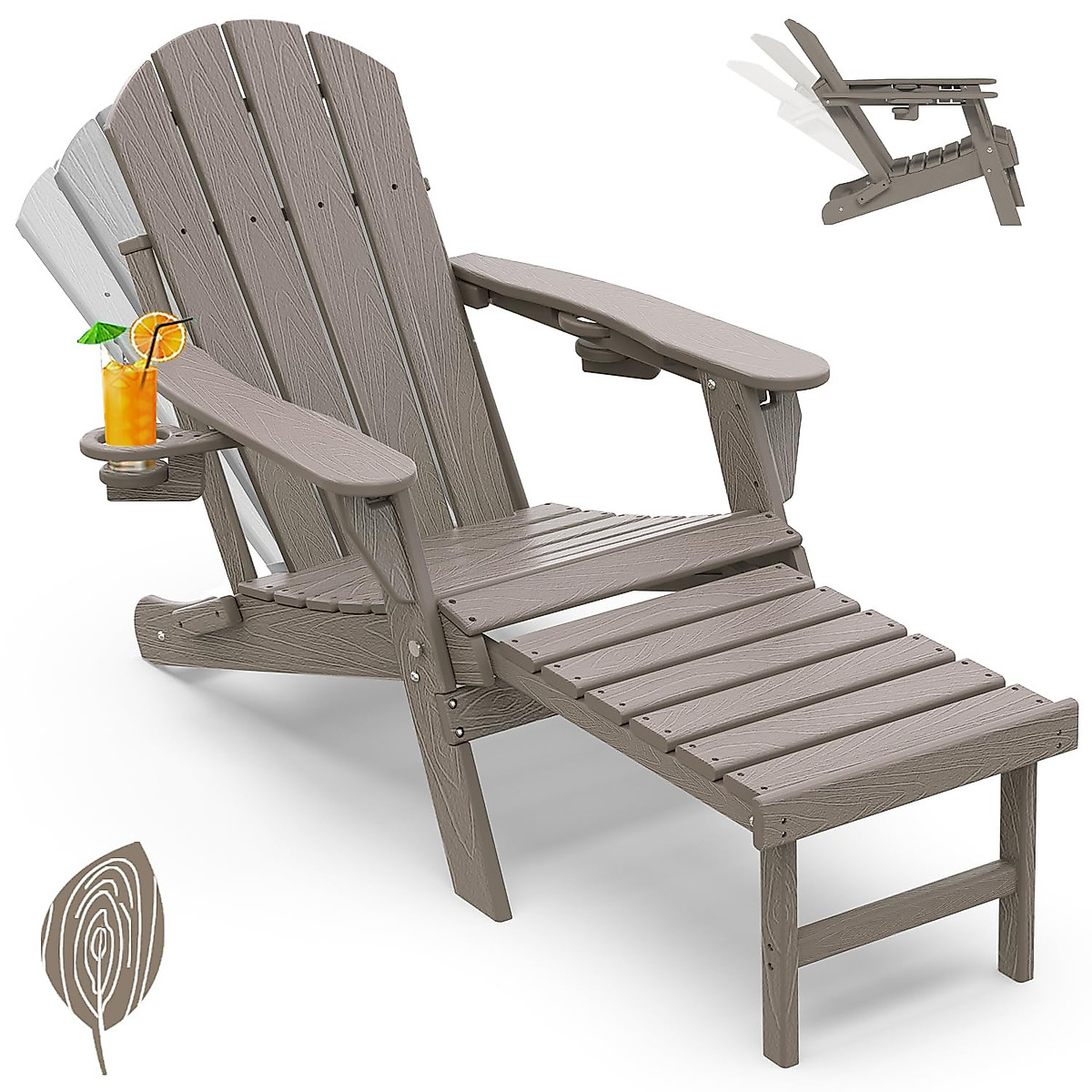 GREENVINES Folding Adjustable Backrest Adirondack Chairs with Ottoman | Set of 2 | Wood Grain | HDPE All-Weather Reclining Firepit Chair | Cup Holders & Footrest | Grey