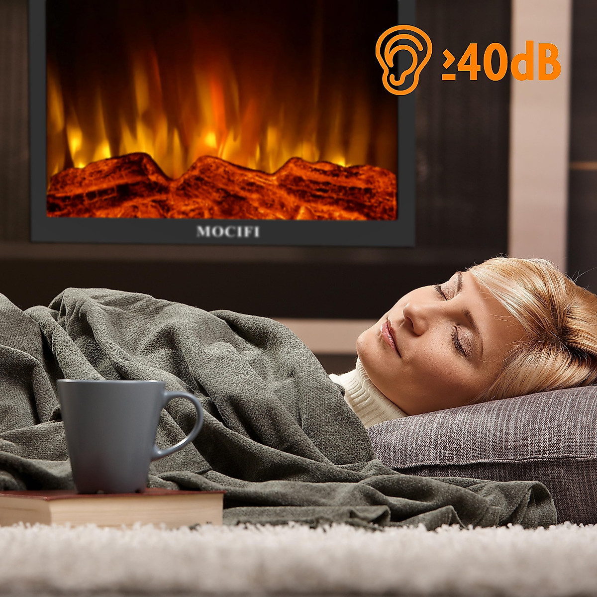 MOCIFI 18 inch Built-in Electric Fireplace Insert Heater, Recessed Freestanding Fireplace, Remote Control, Touch Screen, Adjustable Flame Brightness Speed, Low Noise, 1000W, Black