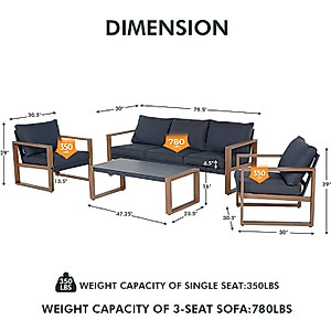 Grand patio Outdoor 4-Piece Modern Aluminum Patio Furniture Sets 5 Person Conversation Set, Faux Wood Grain Finish Frame Sofa with Removable Olefin Extra Thick Cushions and Coffee Table for Garden