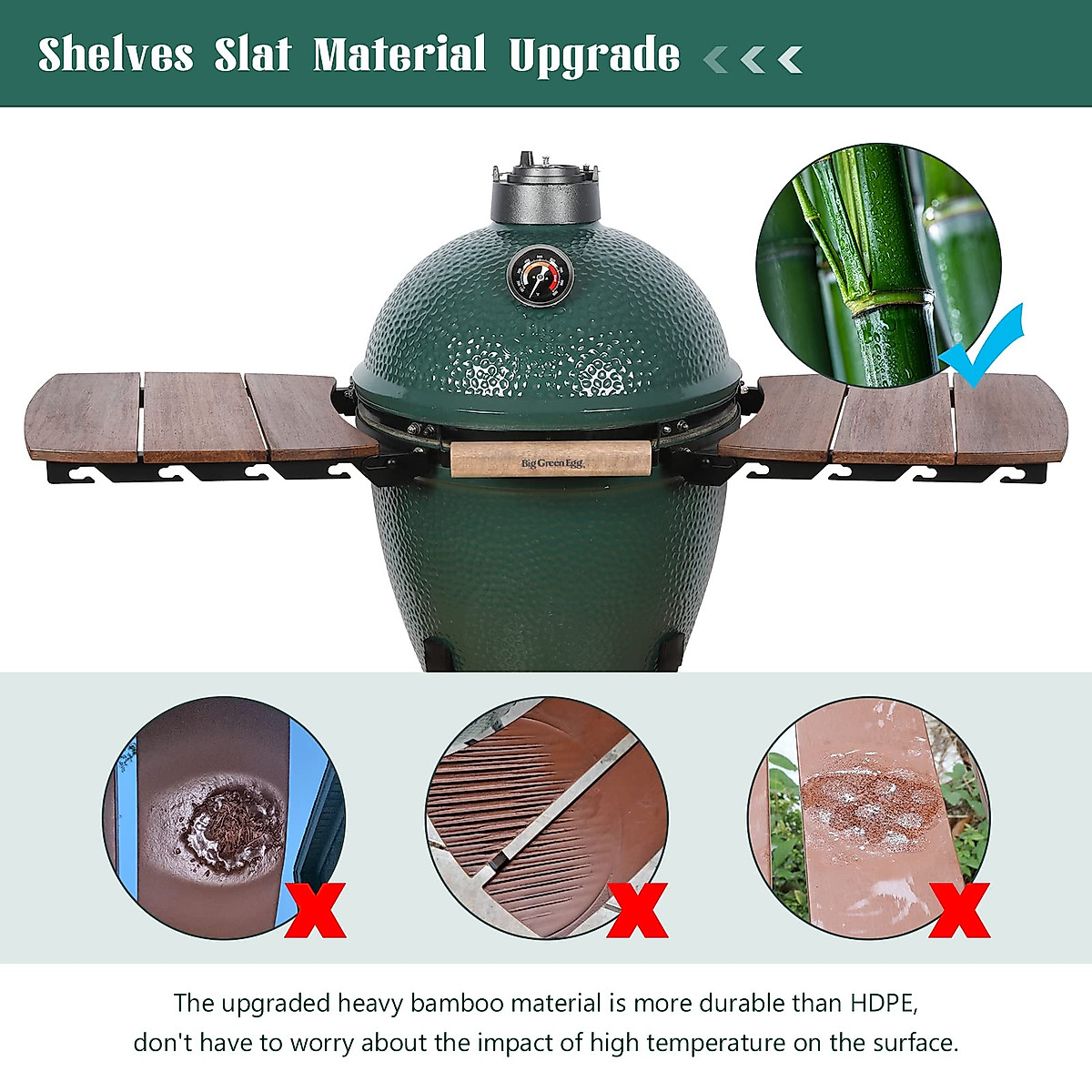 Dracarys Bamboo Side Shelves for Big Green Egg,3 Slat Bamboo Egg Mate with Folding Side Shelves Table,Large Big Green Egg Side Table Replacement - 3 Shelves Slats for Large Big Green Egg