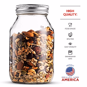 Glass Regular Mouth Mason Jars, Glass Jars with Silver Metal Airtight Lids for Meal Prep, Food Storage, Canning, Drinking, Overnight Oats, Jelly, Dry Food, Spices, Salads, Yogurt (10 Pack) (32 Ounce)