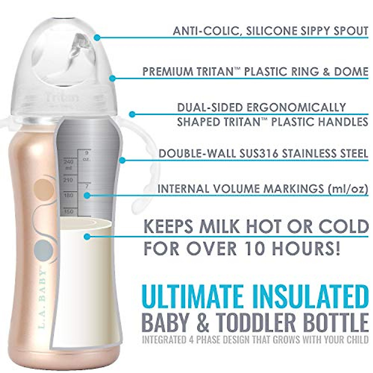 Ultimate Stainless Steel Sippy Cup | 9oz Insulated Sippy Cup for Toddlers Insulates 10+ Hours | Leak-free, Non-toxic Medical Grade Silicone and Stainless Steel Sippy Cup for Baby - Rose Gold