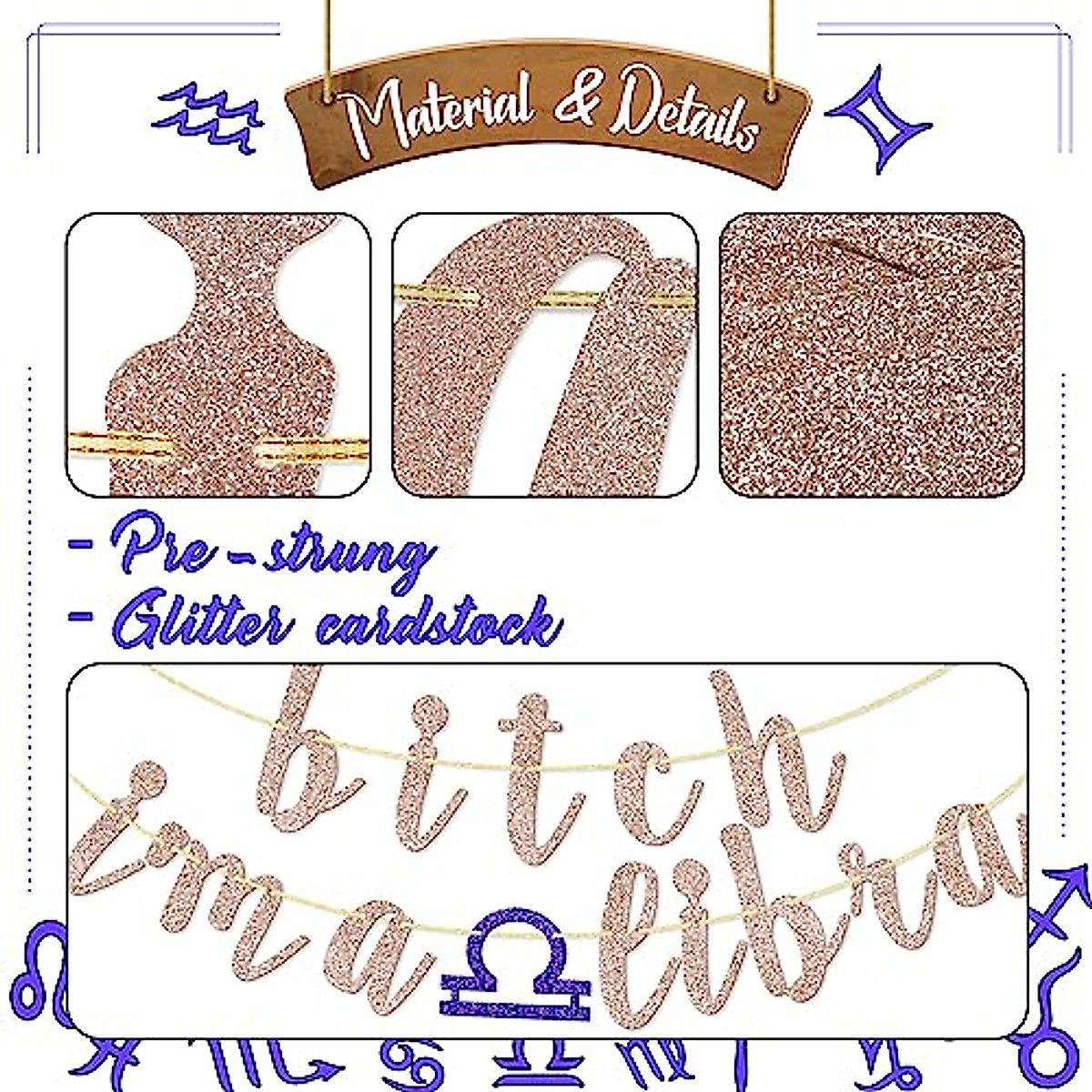 Bitch I'm A Libra Banner, Pre-strung Libra Season Birthday Banner, Zodiac Birthday Party Decorations, 18th, 21st, 25th, 30th, 40th Birthday Party Decorations, Champagne Glitter