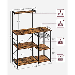 VASAGLE Baker's Rack, Microwave Stand, Kitchen Storage Rack with Wire Basket, 6 Hooks, and Shelves, for Spices, Pots, and Pans, Rustic Brown and Black UKKS35X