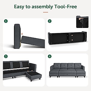 HONBAY Sectional Sleeper Sofa U Shaped Couch with Storage Ottoman for Living Room, Bluish Grey