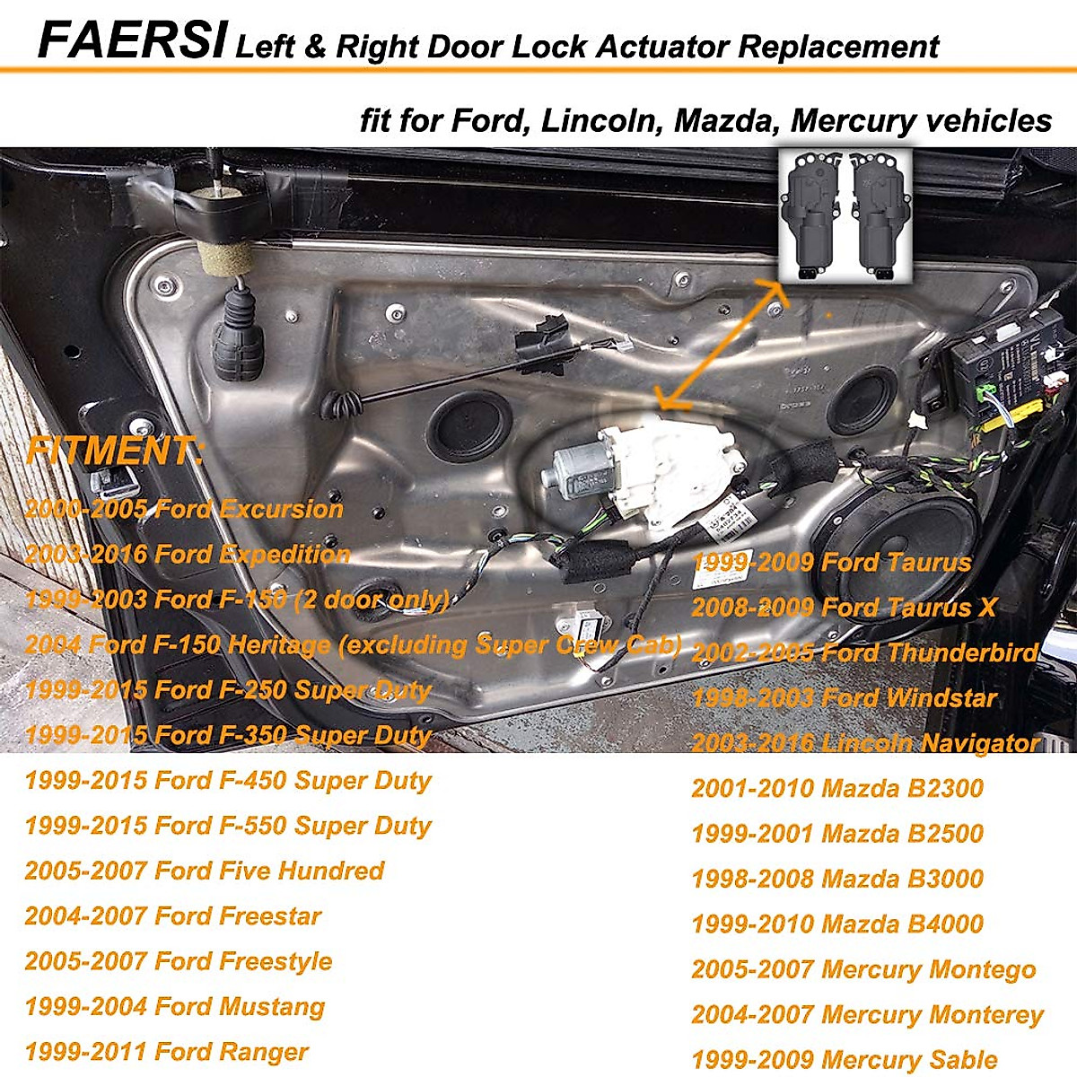 Power Door Lock Actuator Left and Right Side Compatible with Ford F150 F250 F350 Excursion Expedition Mustang Ranger, Lincoln, Mercury, Mazda Lock Actuator Replaces 6L3Z25218A43AA, 6L3Z25218A42AA