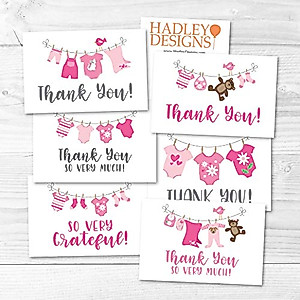24 Pink Clothesline Baby Shower Thank You Cards With Envelopes, Girl Sprinkle Thank-You Note, 4x6 Gratitude Card Gift For Guest Pack, Gender Reveal DIY So Grateful Varied Onesie Event Stationery