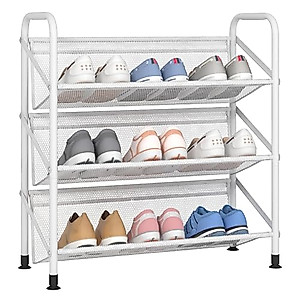 FKUO 3 Tier Shoe rack for closet Mesh fabric narrow Metal shoe racks, Small Shoe Storage Organizer Shelf for Entryway, Hallway, Dorm Room (White, Wider 3 Tier)