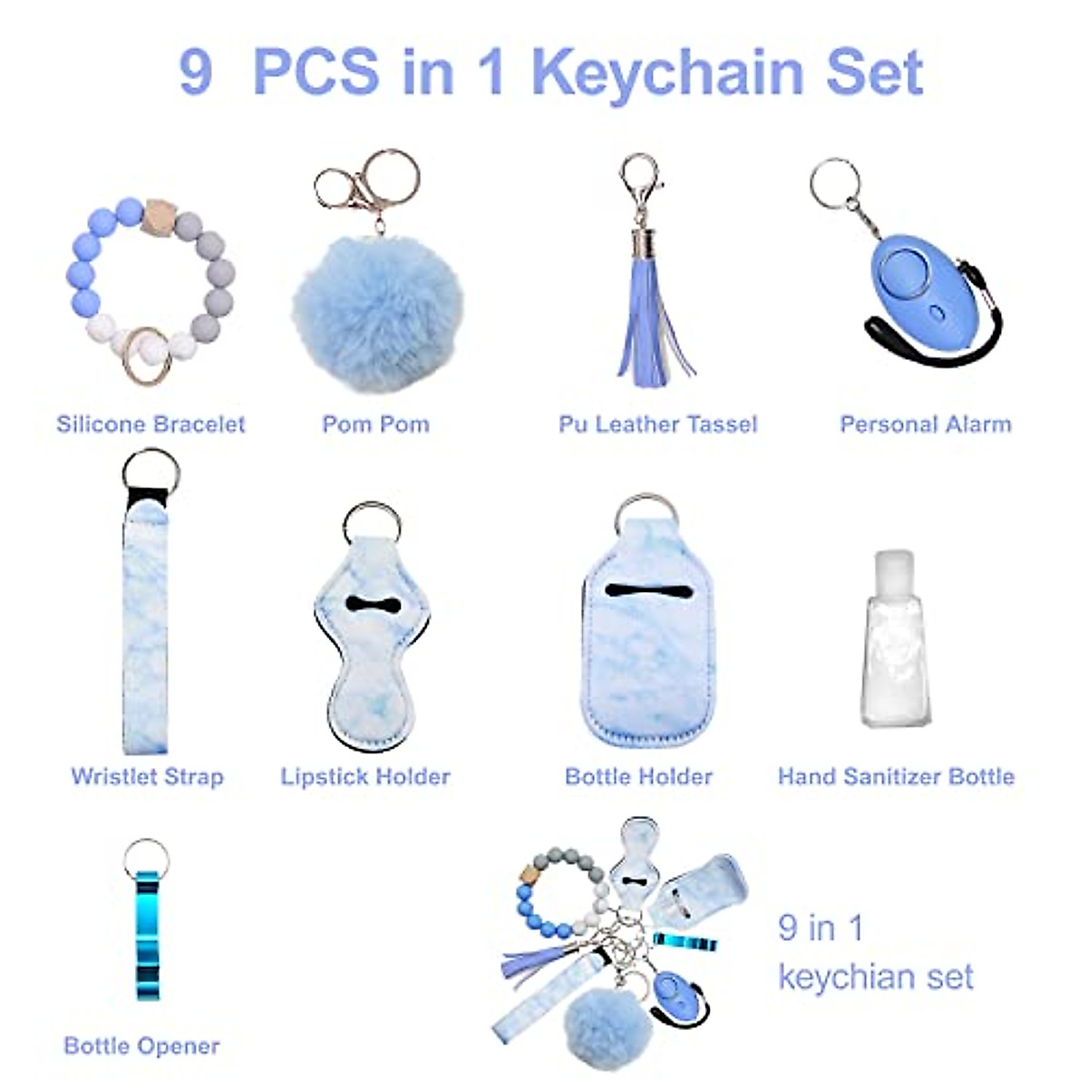 METURE Safety Keychain for Women Keychain Bracelet for Women with Personal Alarm Protection Accessories 9pcs Silicone Beaded Elastic Girl Keychain Set Girl Key Chains for Car Keys Blue