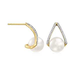 Ross-Simons 8-8.5mm Cultured Pearl and .12 ct. t.w. Diamond Drop Earrings in 14kt Yellow Gold