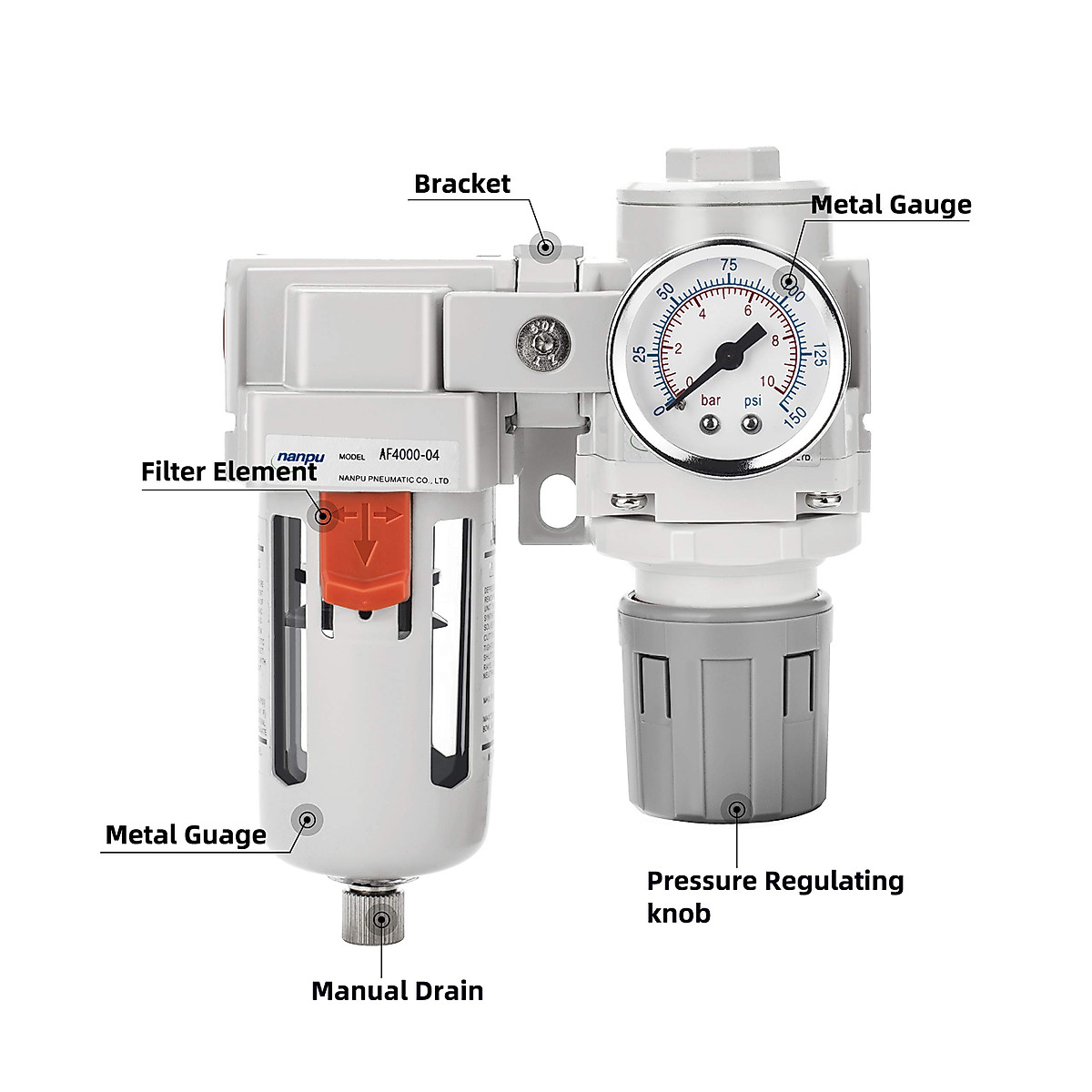 NANPU 1/2" NPT Compressed Air Filter Regulator Combo Piggyback, 5 Micron Element, Poly Bowl, Semi-Auto Drain, Bracket, Gauge (ARF4000)