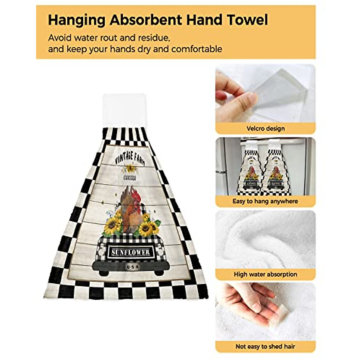 Hanging Kitchen Towel with Loop Vintage Farm Chicken Truck Black White Buffalo Plaid Soft Dish Towels Tie Towel Tea Towels Washcloth for Bathroom Home