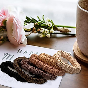 VLOMOT 6 Pcs Set 100% Pure Mulberry Silk Hair Scrunchies Silk Hair Ties with 6 Chic Colors Everyday Skinny Scrunchies Silk Ponytail Holders Hair Care No Damage (Rose)