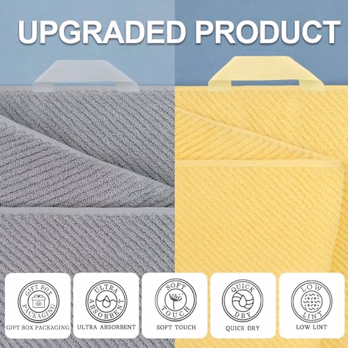 VOOVA & MOVAS Towels for Bathroom, Bath Towels with Hanging Loop - 100% Cotton | Soft | Quick Dry | Thick, Towel Set of 6, 2 Large Bath 30"x56", 2 Hand 18"x28", 2 Washcloths 13"x13", Grey and Yellow
