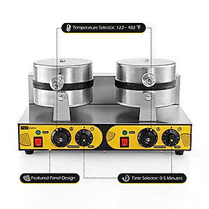 Dyna-Living Commercial Waffle Maker Double Heads 110V 2400W Non-stick Round Stainless Steel Waffle Iron Machine for Restaurant Bakeries Snack Bar
