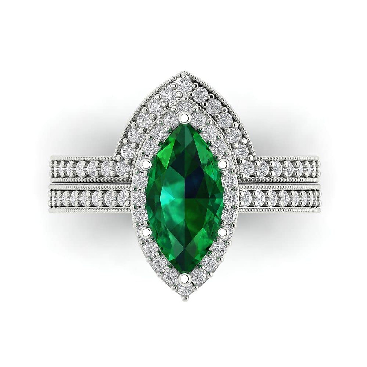 2.26ct Marquise Round Cut Laser Engraving Pave Halo Emerald Designer Statement Classic Ring Band Set 18K White Gold Size 3.75