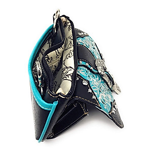Western Rhinestone Embroidery Wallet Crossbody Clutch Bag Purse in Multi-Way (Black Turquoise Buckle)