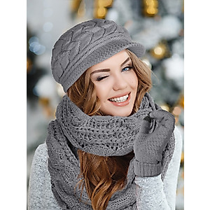 URATOT 3 Pieces Women Winter Hat Scarf Glove Set Warm Skull Beanie Hat with Visor Knitted Touch Screen Glove Scarf 3 In 1 Set