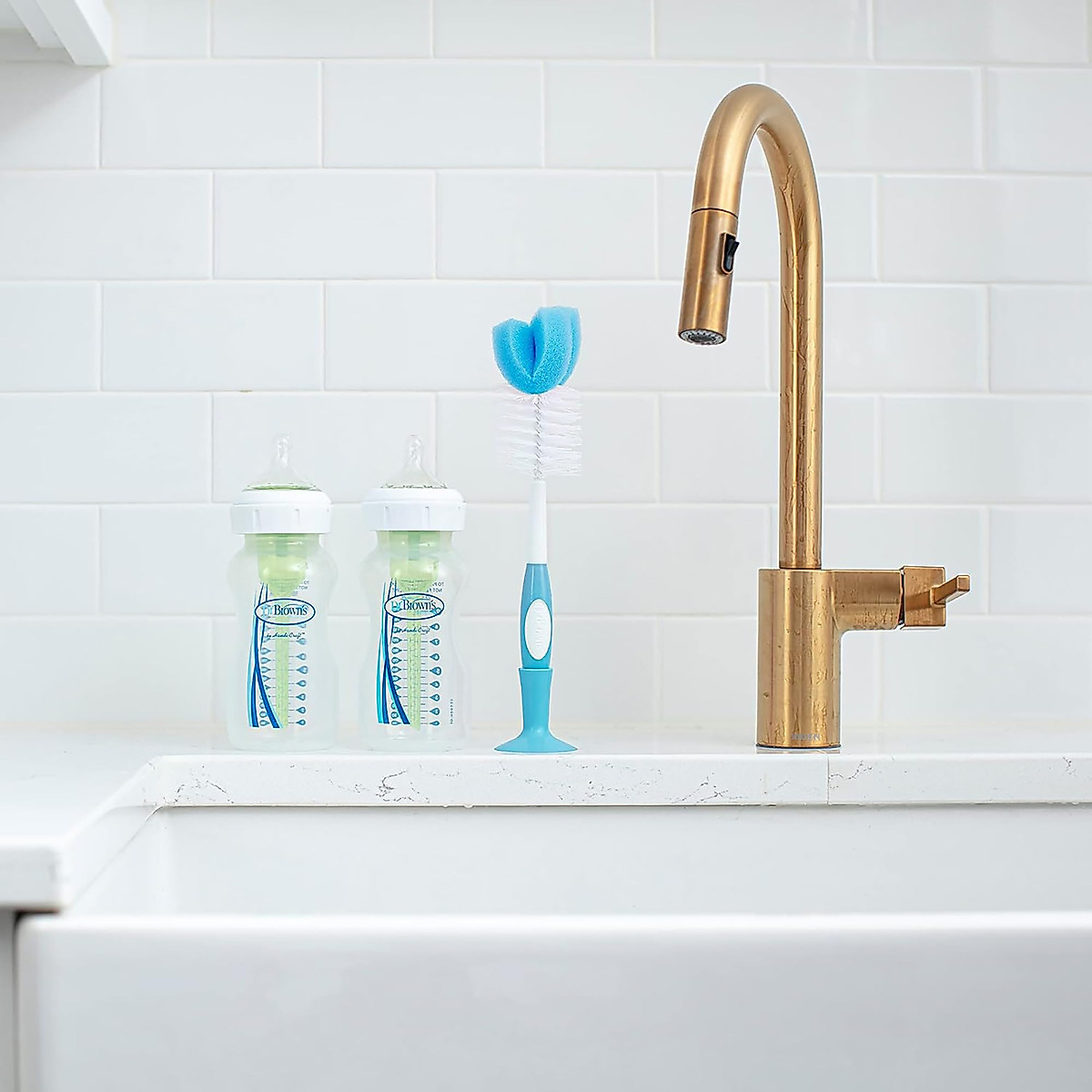 Dr. Brown's Reusable Sponge Baby Bottle Cleaning Brush Set with Suction Cup Stand, Scrubber and Nipple Cleaner, Blue 3-Pack