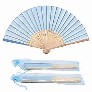 Sepwedd 50pcs Blue Imitated Silk Fabric Bamboo Folded Hand Fan Bridal Dancing Props Church Wedding Gift Party Favors with Gift Bags