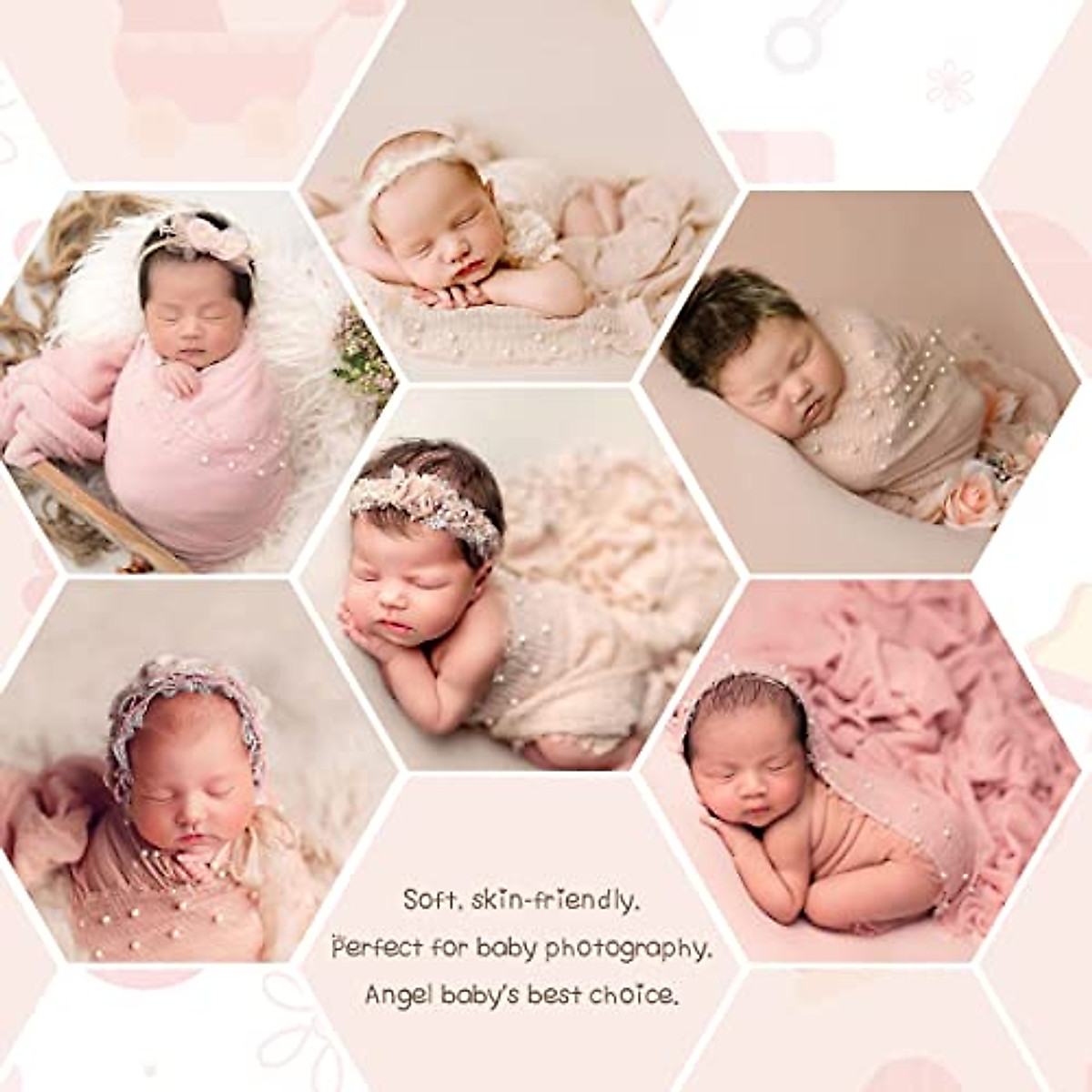 4 PCS Newborn Photography Props Wrap Knit Handmade Pearl Decor Wrap Blanket Swaddle Baby Photo Props Baby Photoshoot Props Prop 2PCS Newborn Photography Wraps + 2PCS Headband(Snow Powder/Beige)
