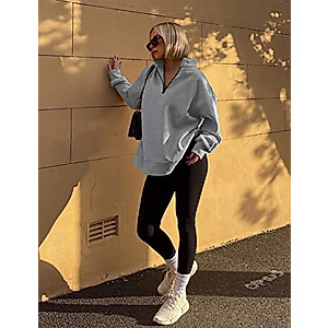 Womens Oversized Half Zip Pullover Sweatshirt Long Sleeve V Neck Sweatshirts Quarter Zip Teen Girls Fall Y2K Clothes Trendy Drop Shoulder Loose Fit Outfits Grey