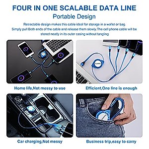 2 Pack 4 in 1 Multi USB Retractable Charger Cable,3A Multiple Charging Cord Adapter with Dual Phone/USB-C/Micro-USB Port Adapter, Fast Charging Compatible with Cell Phones Tablets Universal (2park)