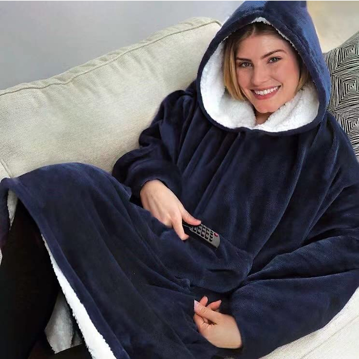 Blanket Hoodie,KJNANAE Oversized Sherpa Blanket Hoodie Dark Blue Sweatshirt for Women Gifts for Mom the Comfy Sweatshirt Blanket Wearable Blanket Oversized Sweatshirt for Women
