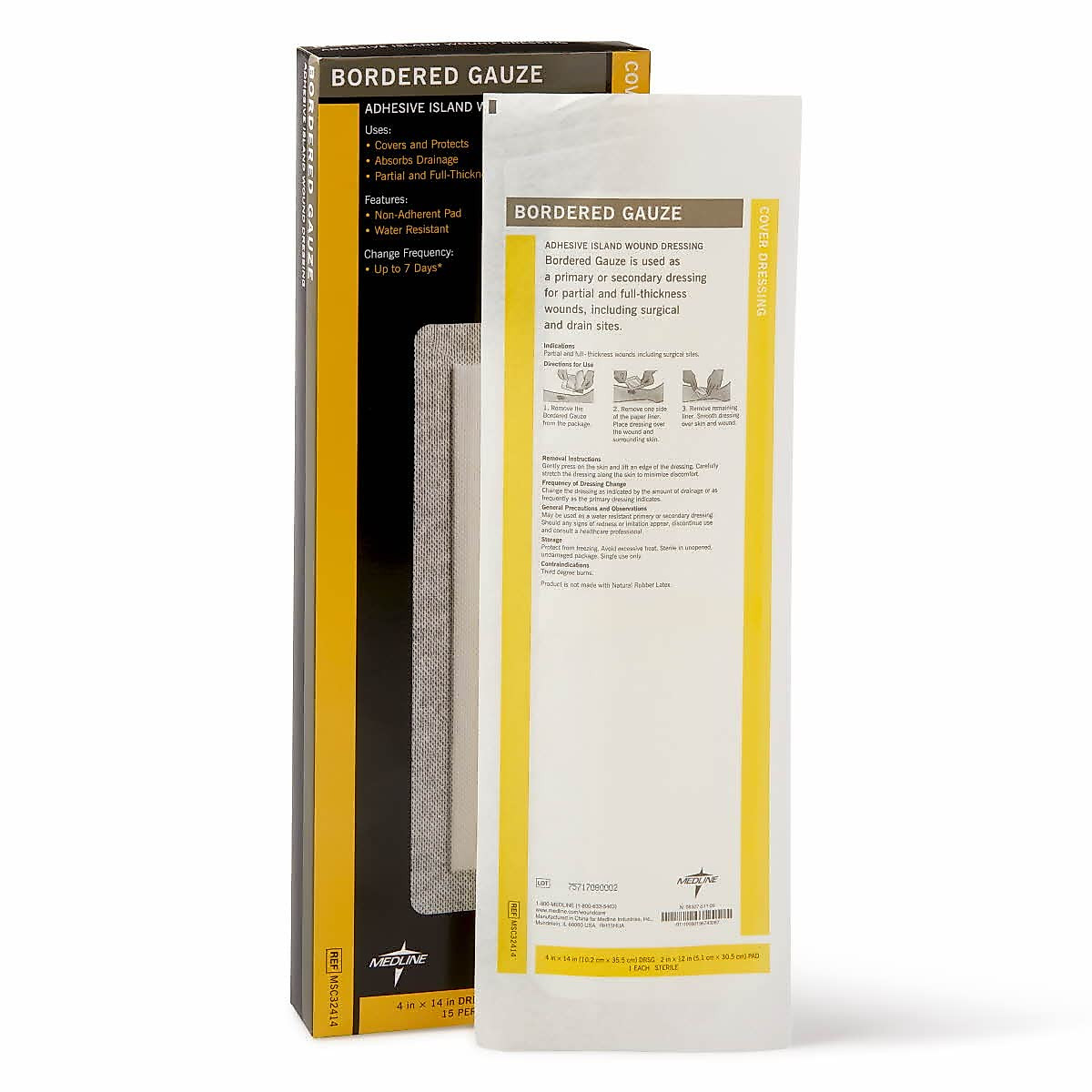 Medline Bordered Gauze, 4" x 14" Adhesive Island Wound Dressing, Sterile, 15 Count