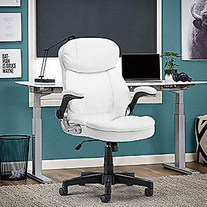 Seatingplus Home Office Chair High Back PU Leather Desk Chair Flip-up Armrests Ergonomic Computer Chair with Lumbar Support, White