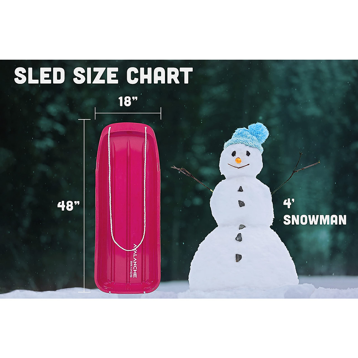 Avalanche Brands - Classic Downhill Toboggan Snow Sled Includes Pull Rope and Handles (Pink 48")