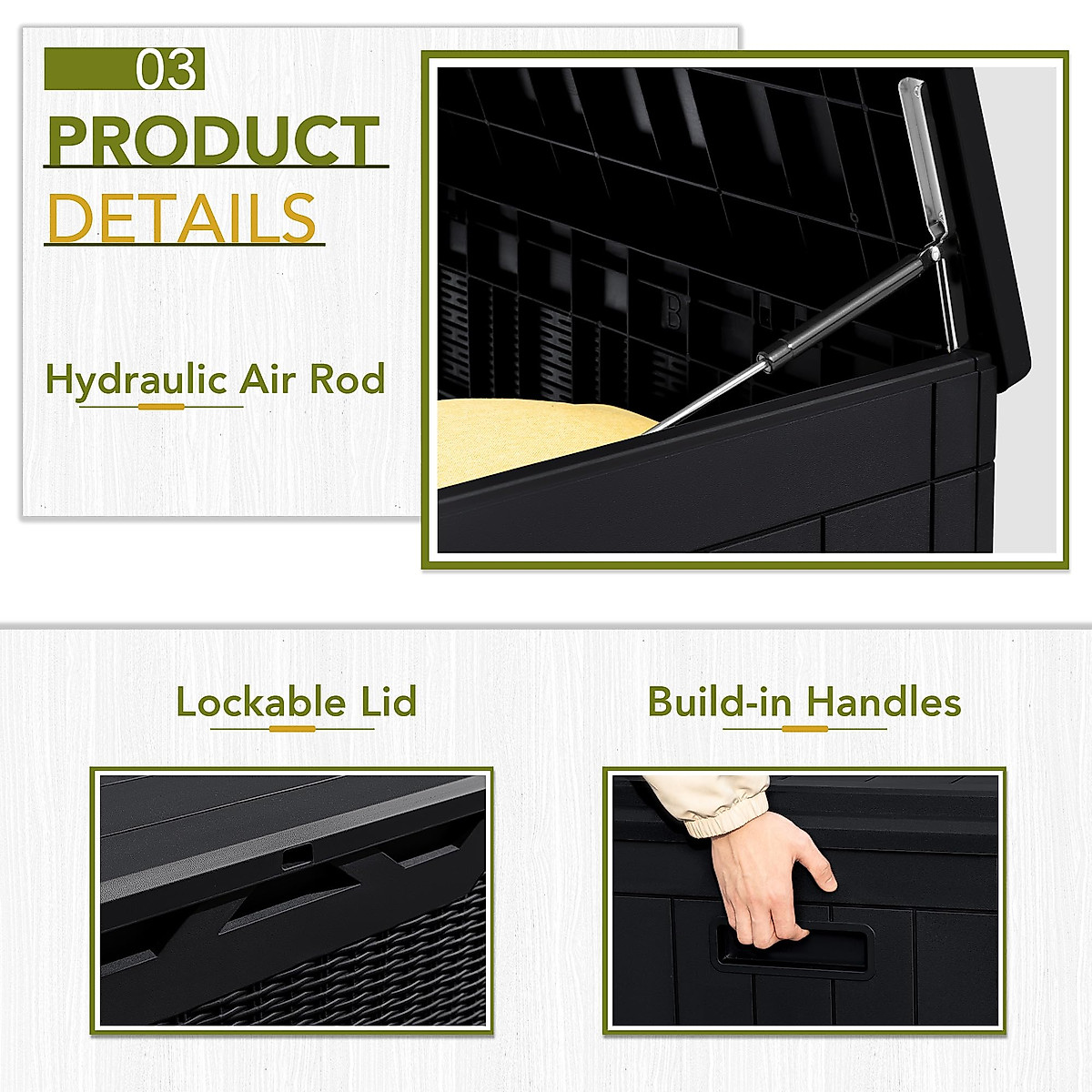 GUNJI 100 Gallon Resin Deck Box with Cushion,Outdoor Weatherproof Large Storage Box,Lockable Storage Container for Patio Furniture,Garden Tools,Pool Supplies (Black)