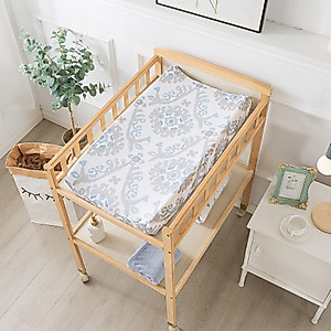 3-Piece Blue and Gray Crib Bedding Set for Girls and Boys. Standard Size Set Inlcudes Comforter, Neutral Crib Fitted Sheet, and Changing Pad Cover. Grey and Blue Damask Pattern