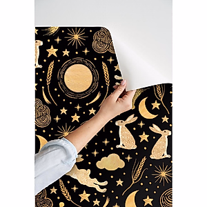 Peel & Stick Wallpaper 6ft x 2ft - Moon Hares Golden Black Stars Clouds Gold Night Custom Removable Wallpaper by Spoonflower