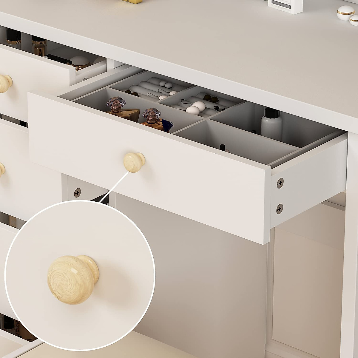 AGOTENI Makeup Vanity Set Dresser Desk with 5 Drawer and Shelf Round Mirror Dressing Table Vanity Set with Cushioned Stool for Bedroom, White