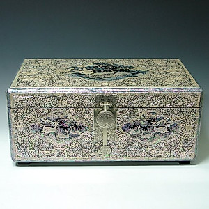 Mother of Pearl Inlay Decorative Long Life Symbols Design Lacquer Wooden Handcrafted Art Jewelry Wedding Trinket Keepsake Treasure Box Ring Case Chest Organizer